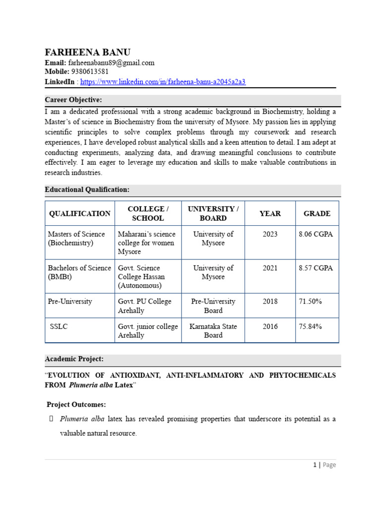 Farheena Banu resume-1.docx | PDF | Chromatography | Ultraviolet–Visible Spectroscopy