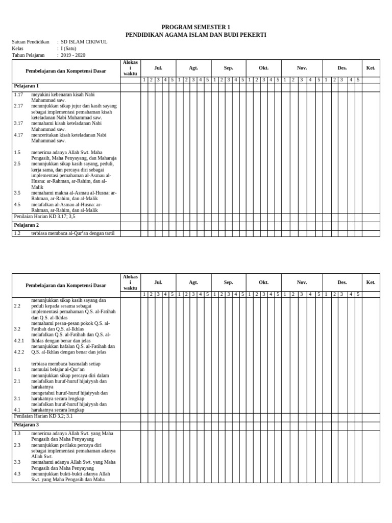 Program Semester 1 Kelas 1 Pai | PDF