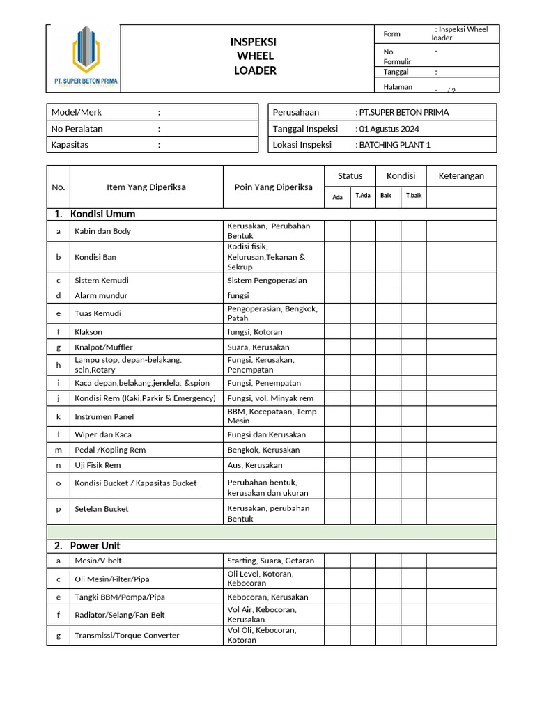 Ilide - Info Form Commisioning Amp Inspeksi Loader Cbu PR | PDF