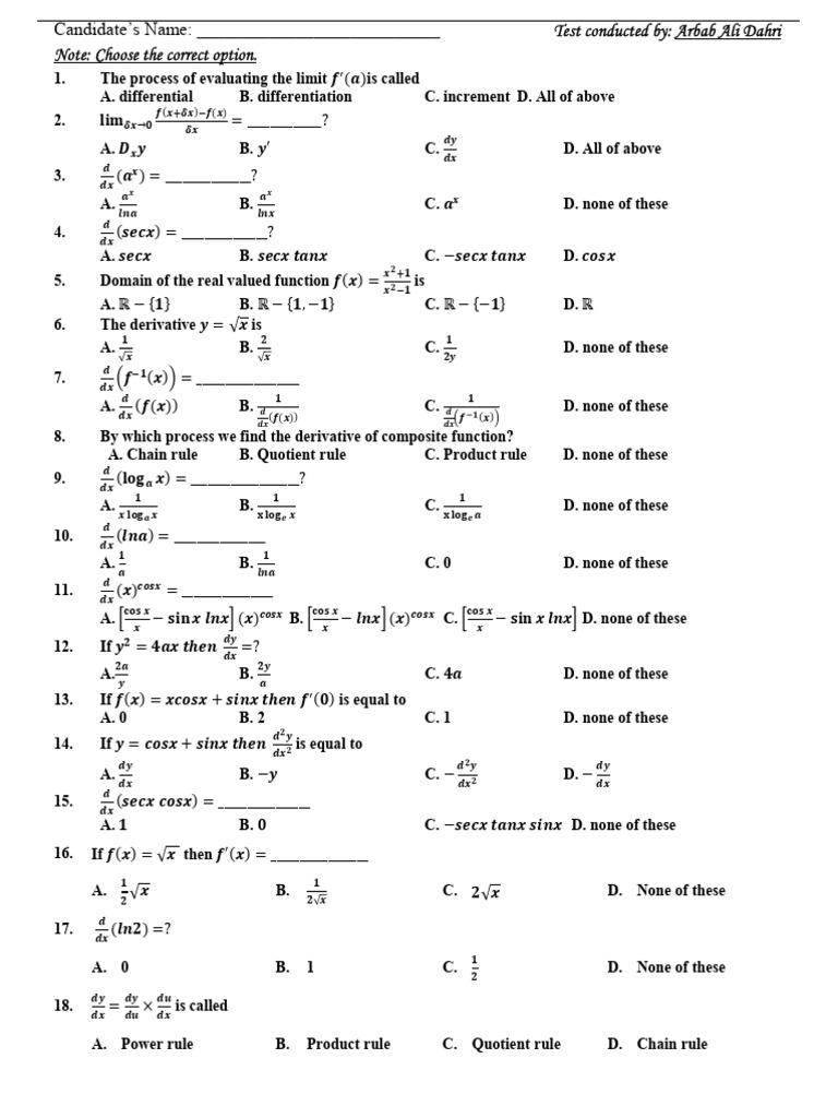 Practice Test Diff XII 2025 | PDF | Derivative | Functions And Mappings