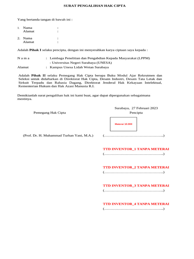 Contoh Form SURAT PENGALIHAN HAK CIPTA | PDF