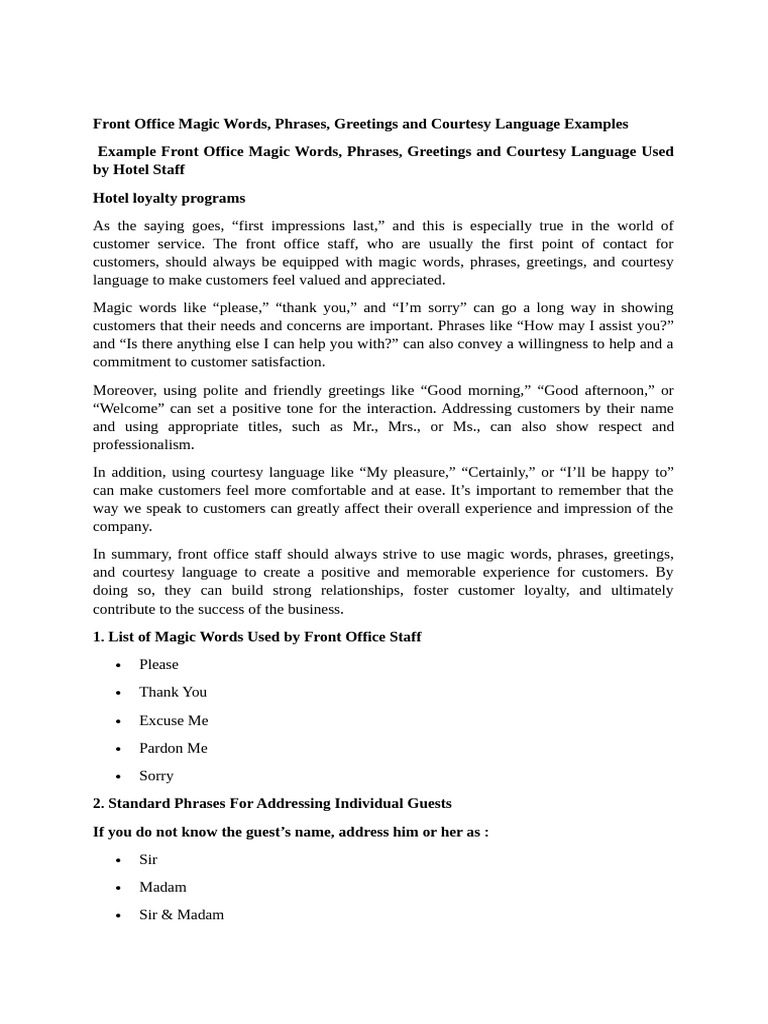 Front Office Magic Words | PDF | Madam