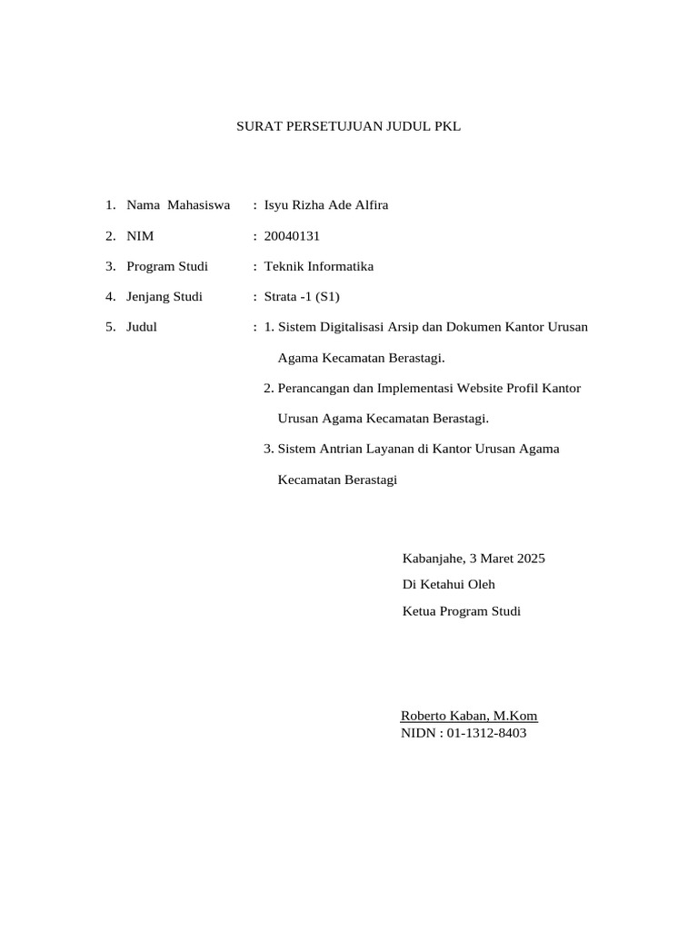 Surat Persetujuan Judul Pk2 | PDF