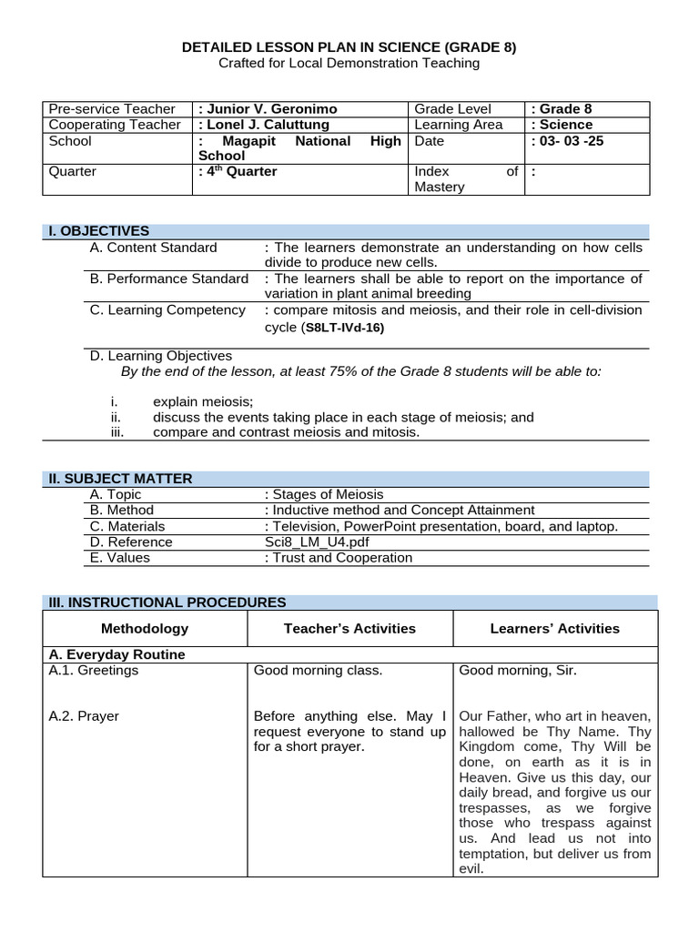 Detailed Lesson Plan in Science (Meiosis) | PDF | Meiosis | Mitosis