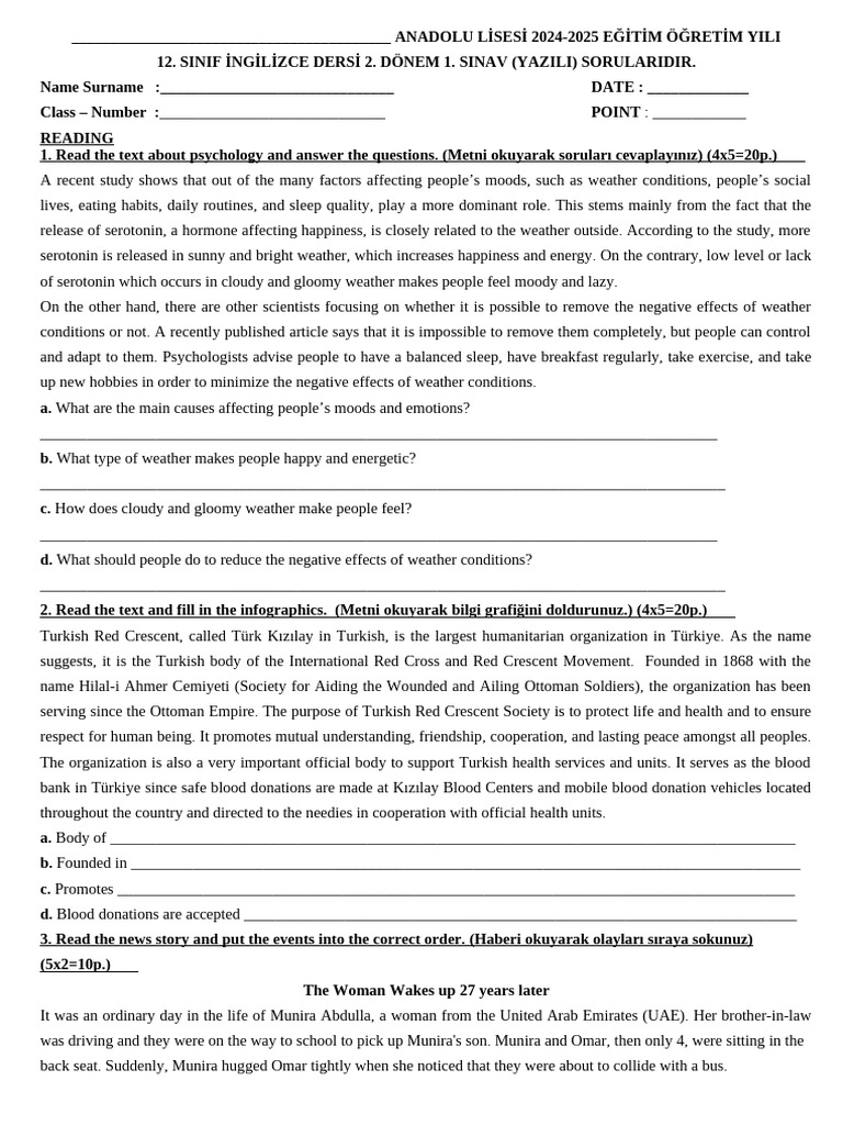 12th Grade English 2nd Term Exam Questions | PDF