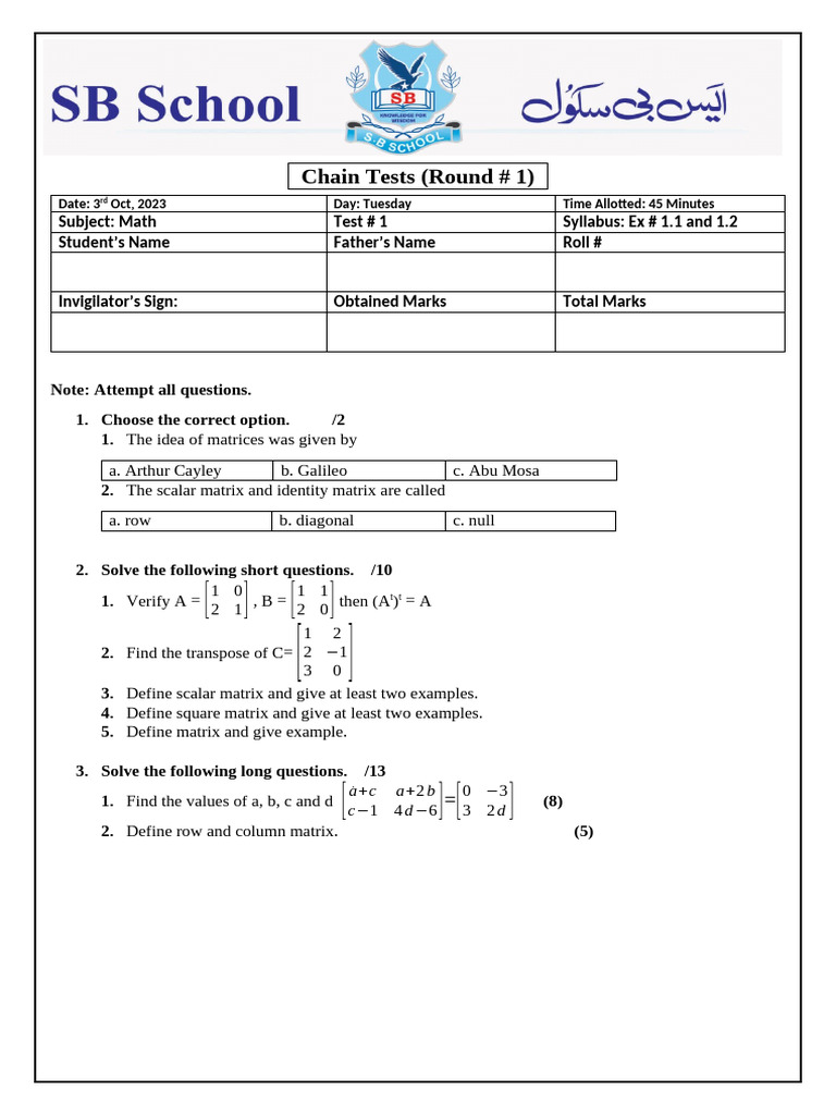 Math Test #1: Matrices & Concepts | PDF