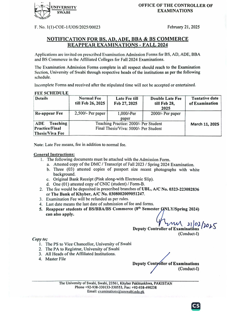BS, BBA, AD, ADE, BS Commerce Reappear Examinations Fall 2024 | PDF