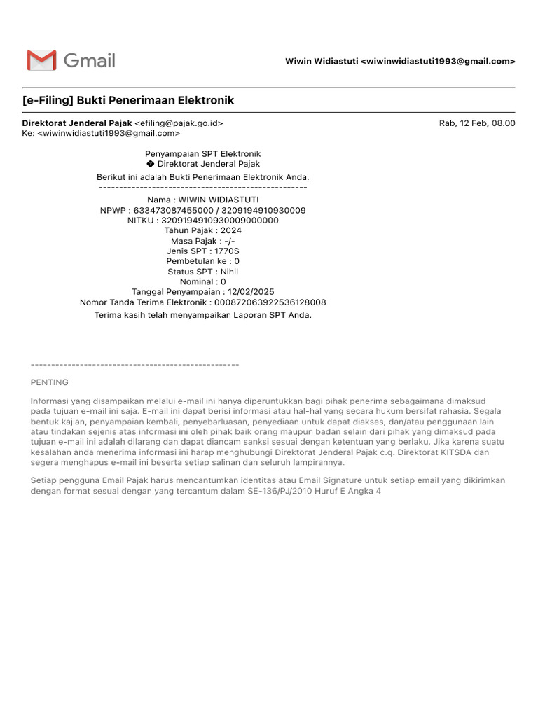Bukti LAPOR SPT 2024 Wiwin | PDF