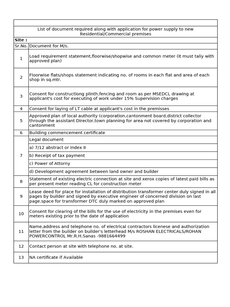 List of Document Power Sanction Doc-Resi & Comm Aprtment | PDF