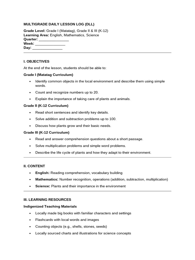 Multigrade Daily Lesson Log | PDF | Reading Comprehension | Mathematics