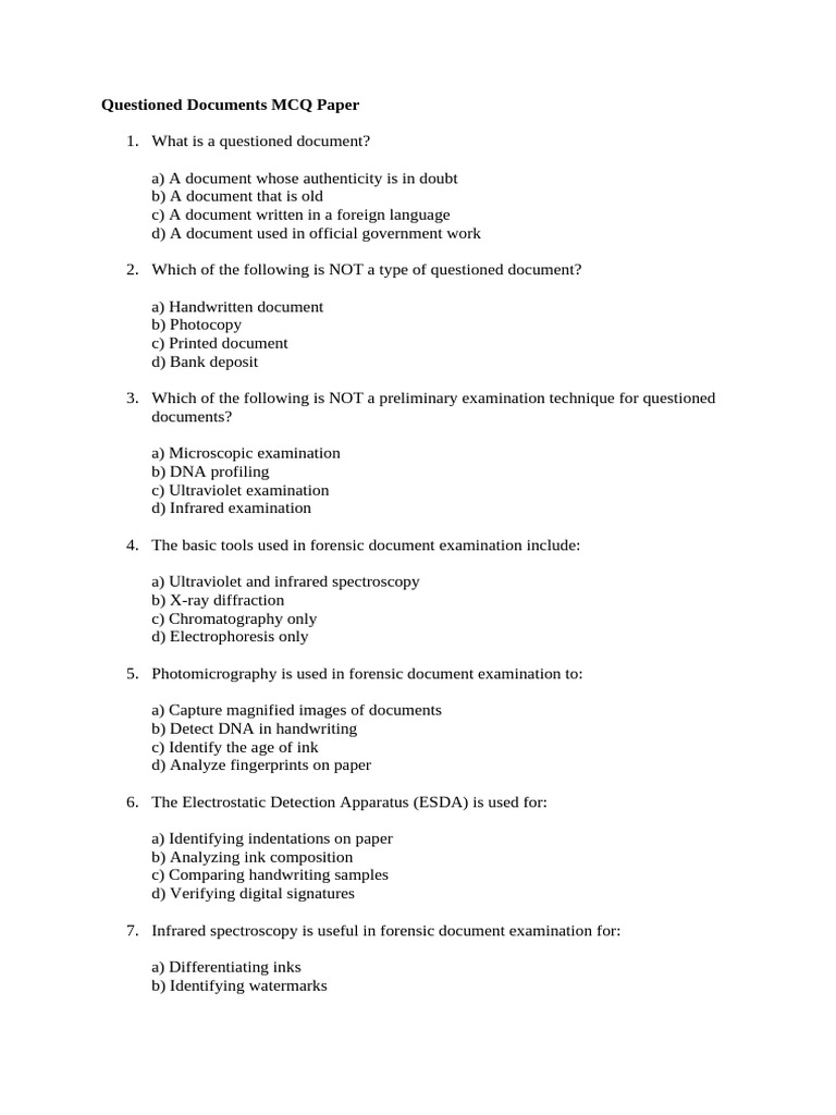Forensic Document Examination MCQs | PDF | Spectroscopy | Authentication