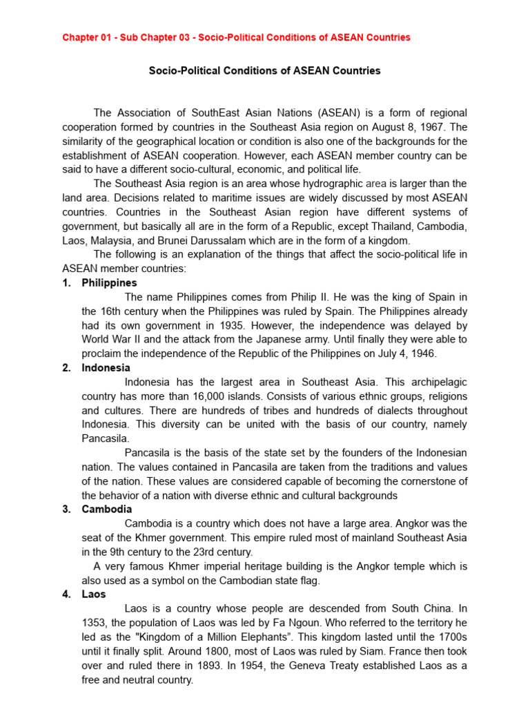 Chapter 01 - Sub Chapter 03 - Socio-Political Conditions of ASEAN Countries.docx | PDF ...
