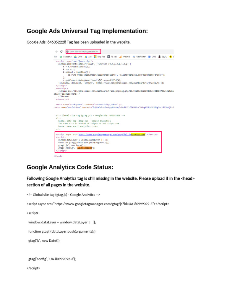 Google Analytics & Google Ads Code Status in Zaiyna - Ae Website | PDF