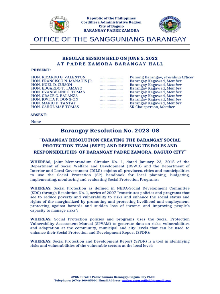 Barangay Resolution No. 2023-08 - A RESOLUTION CREATING SOCIAL ...