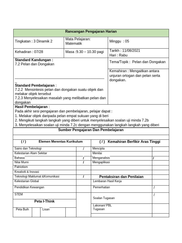RPH - Matematik Tingkatan 3D2 - 12 September 2021 - Cuti | PDF