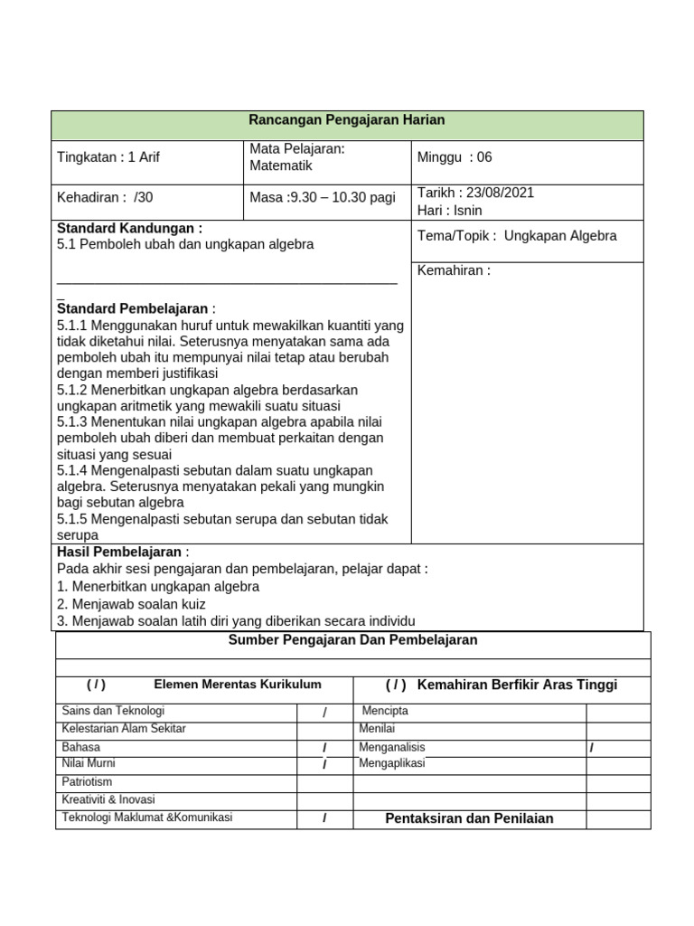 10. RPH - Matematik Tingkatan 1 Arif - 13 September 2021 - Cuti | PDF