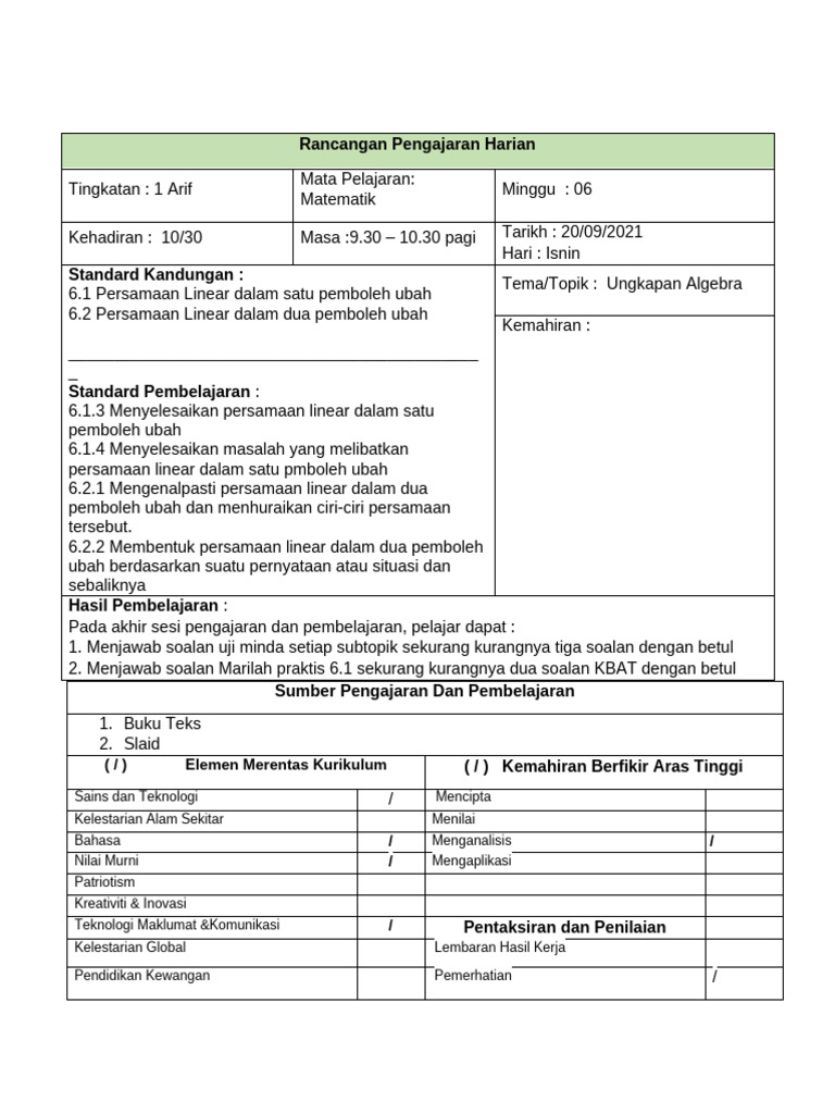 RPH - Matematik Tingkatan 1 Arif - 20 September 2021 | PDF