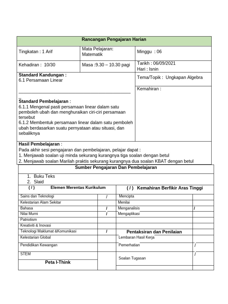 RPH - Matematik Tingkatan 1 Arif - 06 September 2021 | PDF