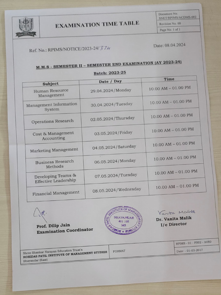 MMS SEM II - Semester End Examination - Batch 2023-25 - Time Table | PDF