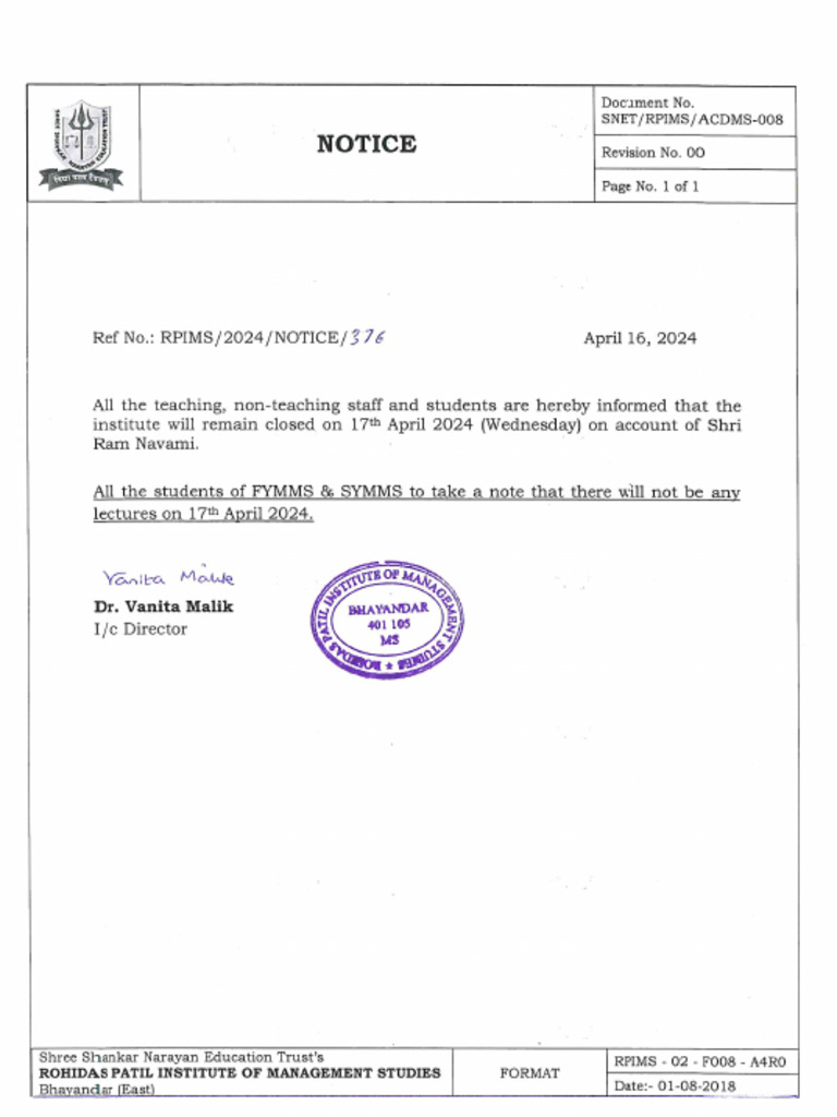 Holiday Notice April 3 | PDF