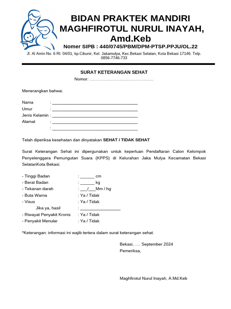 Contoh Format Surat Keterangan Sehat KPPS Pemilu 2024 | PDF