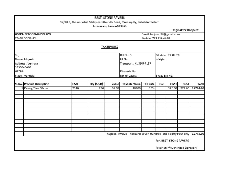 Besti Stone Pavers: GSTIN-32EOGPM2696L1ZG Tax Invoice Original For ...