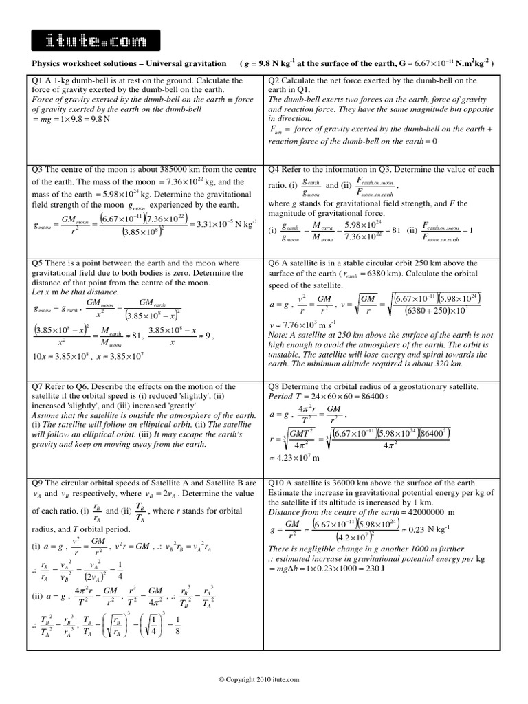 Physics Worksheet Solutions Universal Gravitation | PDF | Force | Orbit