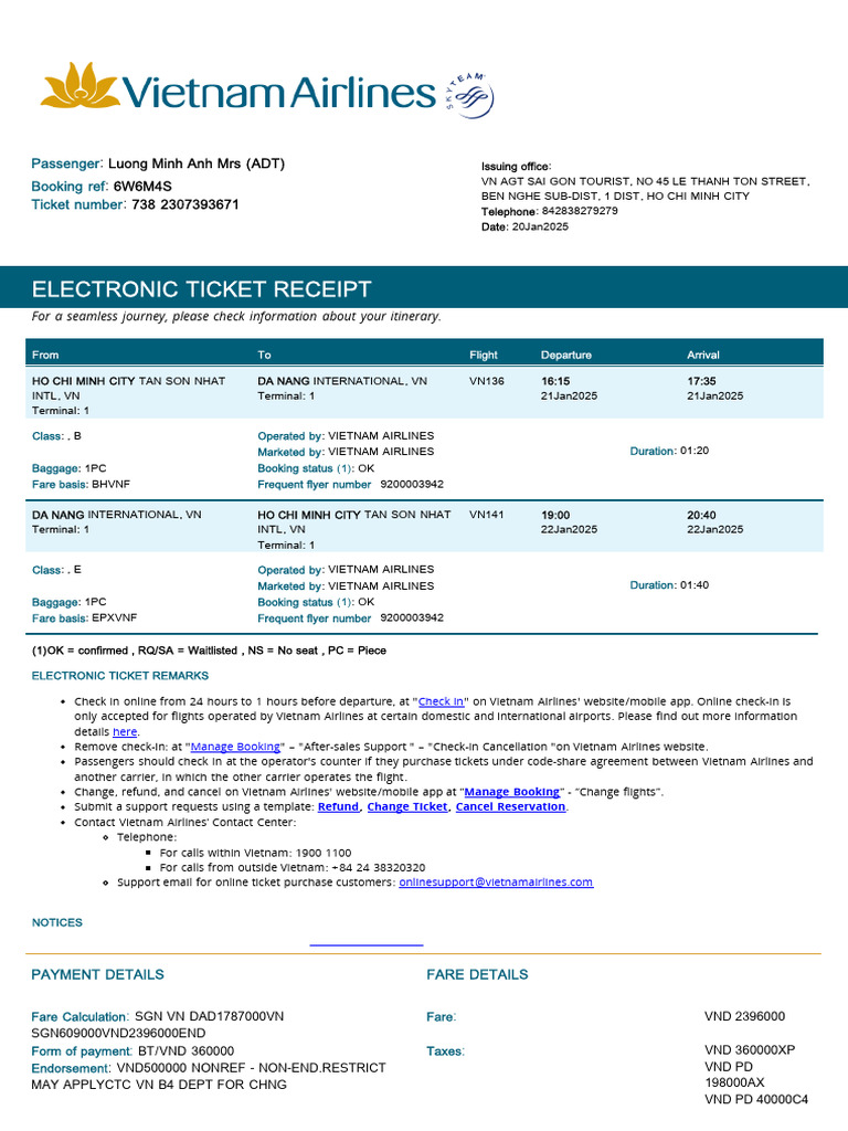 Electronic Ticket-EMD Receipt 21JAN For MINH ANH LUONG | PDF | Aviation