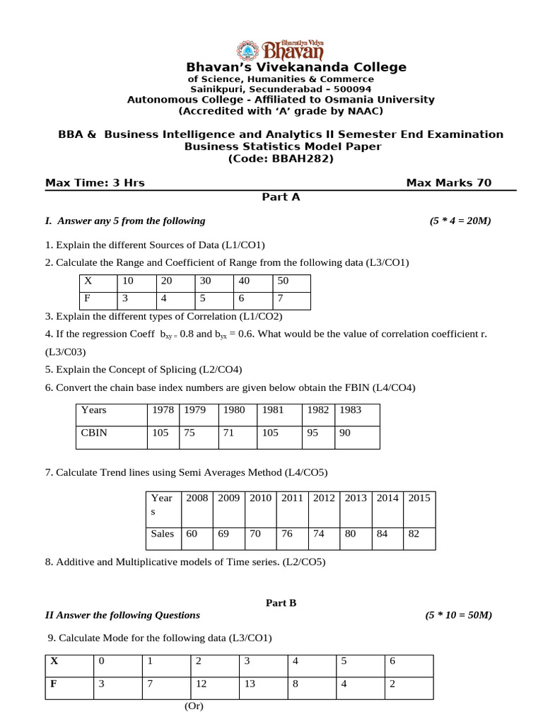 Business Statistics Model Paper 2025 | PDF | Regression Analysis | Time ...