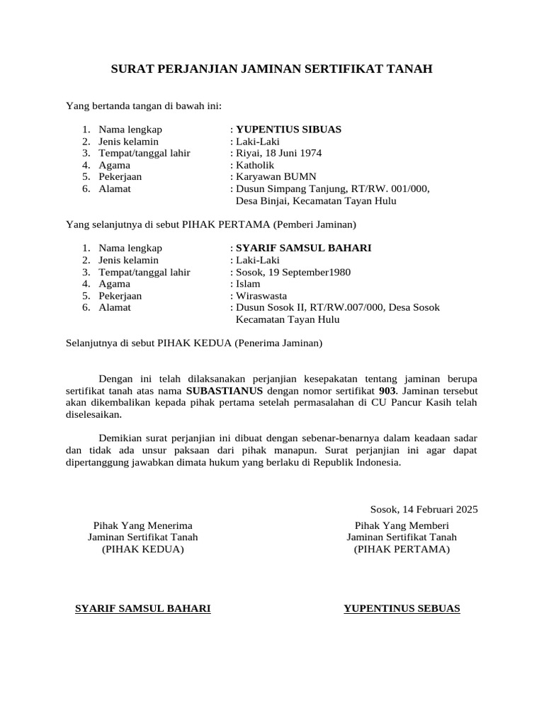 Surat Perjanjian Jaminan Sertifikat Tanah | PDF