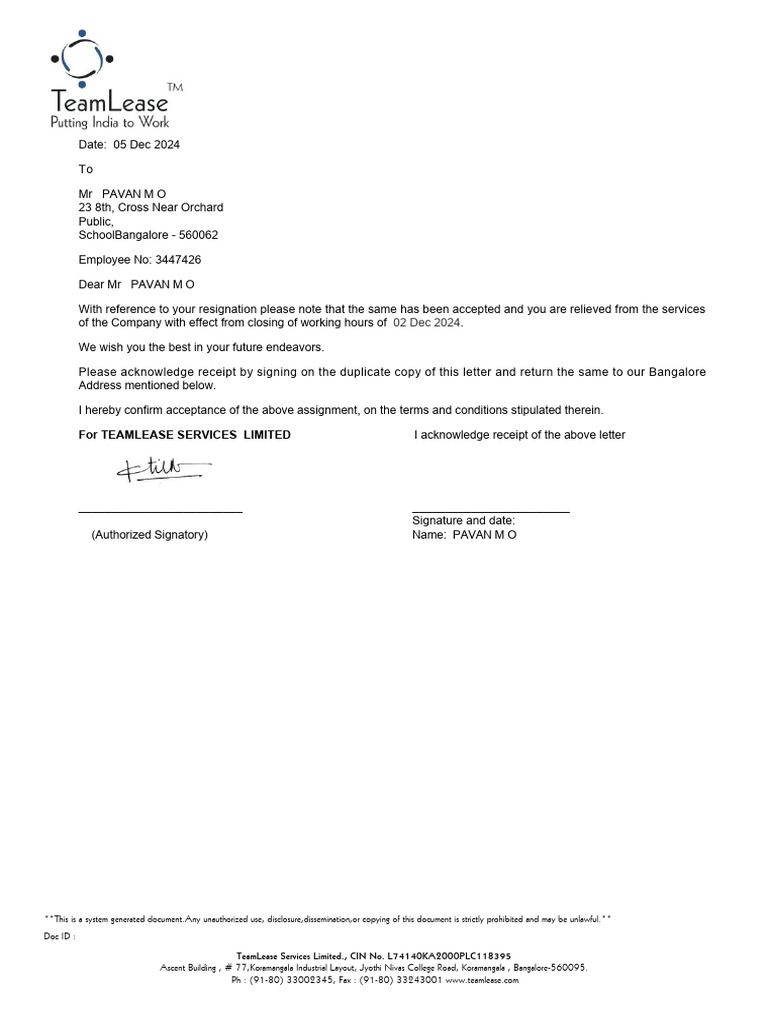 Resignation Acceptance Letter Template | PDF