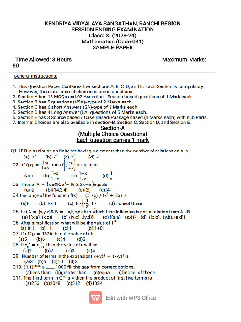Sample Paper 2 Class Xi See 2023-24 QP and BP | PDF