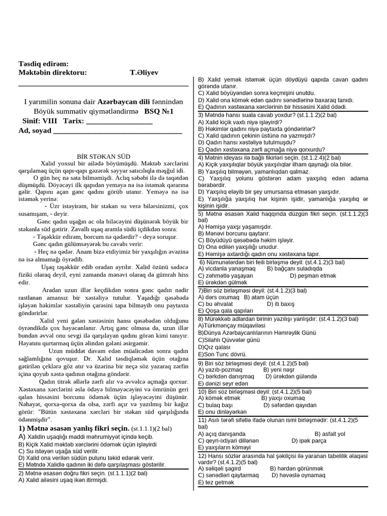VIII - Sinif - Azərbaycan - Dili - BSQ - 1 - B - Variantı - 2024 - 2025 - Paylaşmaq Kopyası | PDF