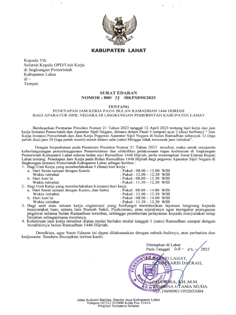 Jam Kerja Asn Bulan Ramadhan 1446 H | PDF