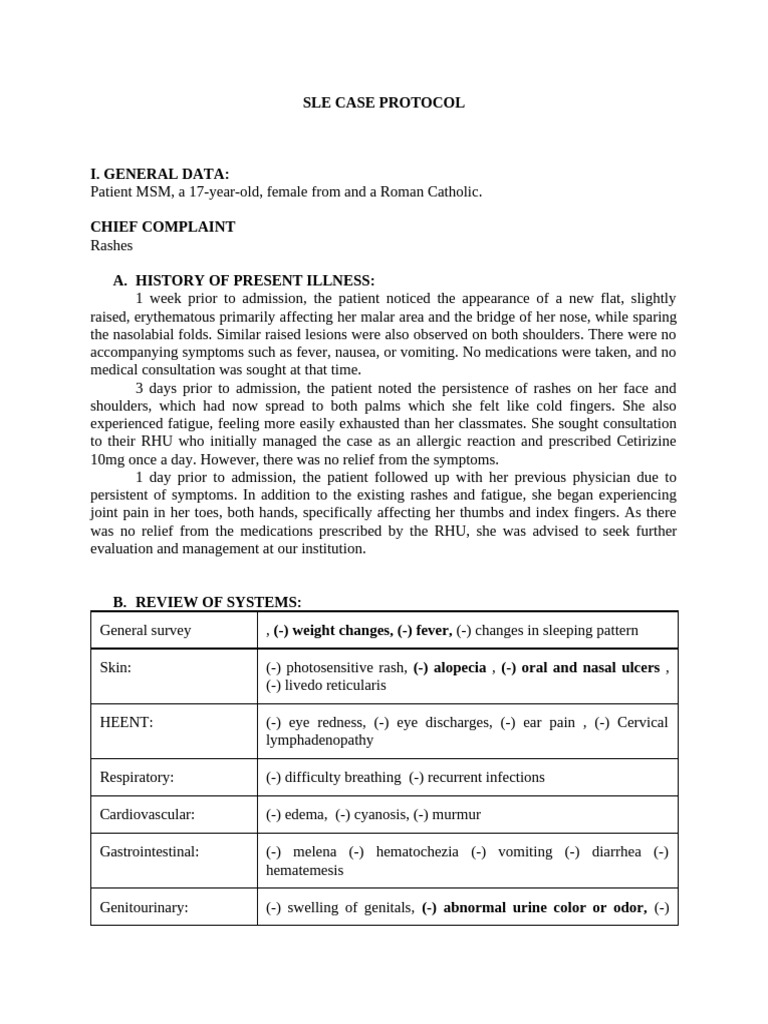 SLE Case Protocol for 17-Year-Old Female | PDF | Diseases And Disorders ...