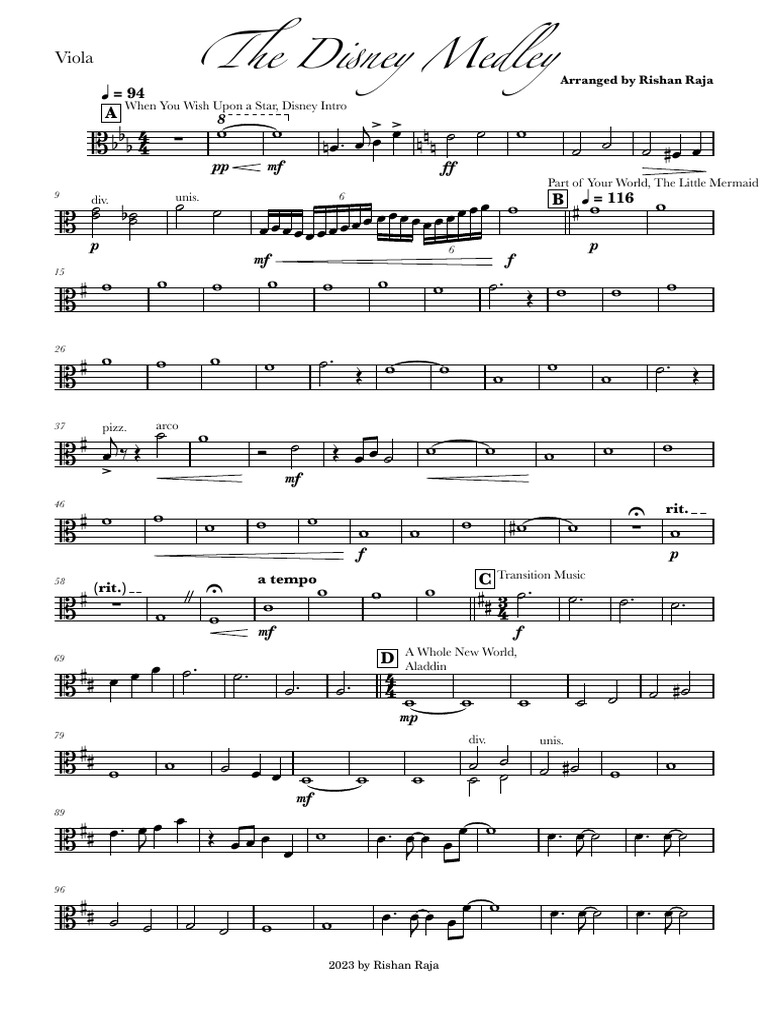 Disney Medley for Viola Arrangement | PDF | The Walt Disney Company
