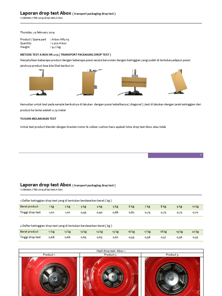 Laporan Uji Drop Test A-Box HR2115 | PDF