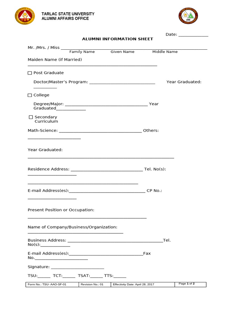 Alumni Information Sheet Revised 01 | PDF