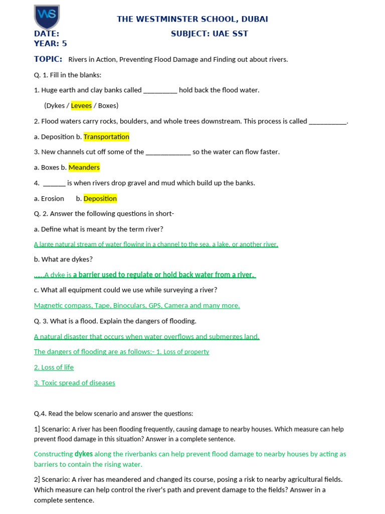 Revision Worksheet Answer Key | PDF | River | Flood
