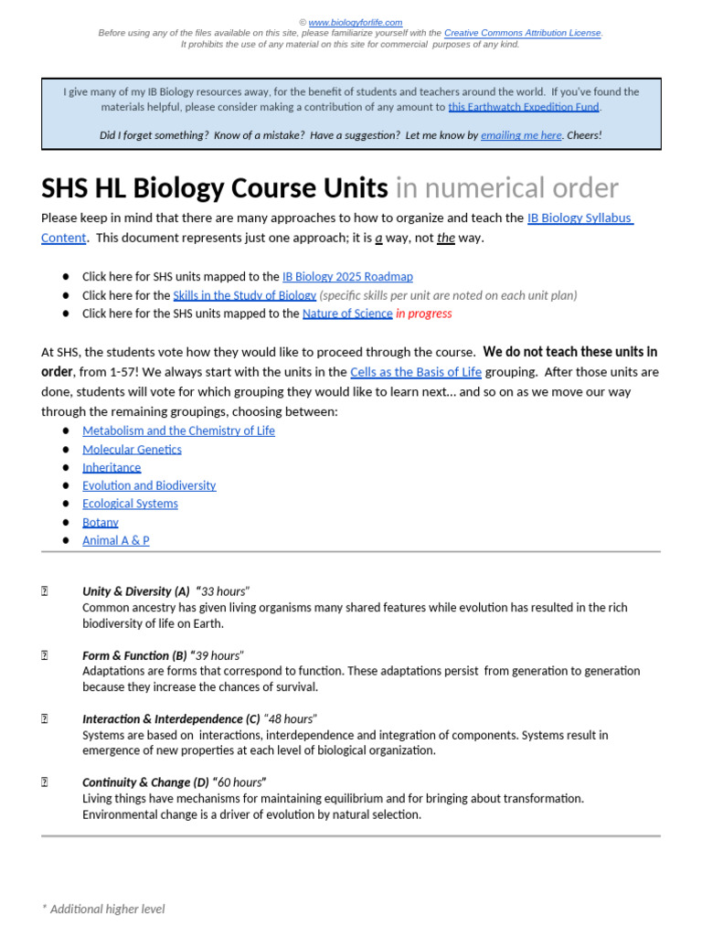 SHS IB Biology Course Outline 2025 | PDF | Cell (Biology) | Circulatory ...