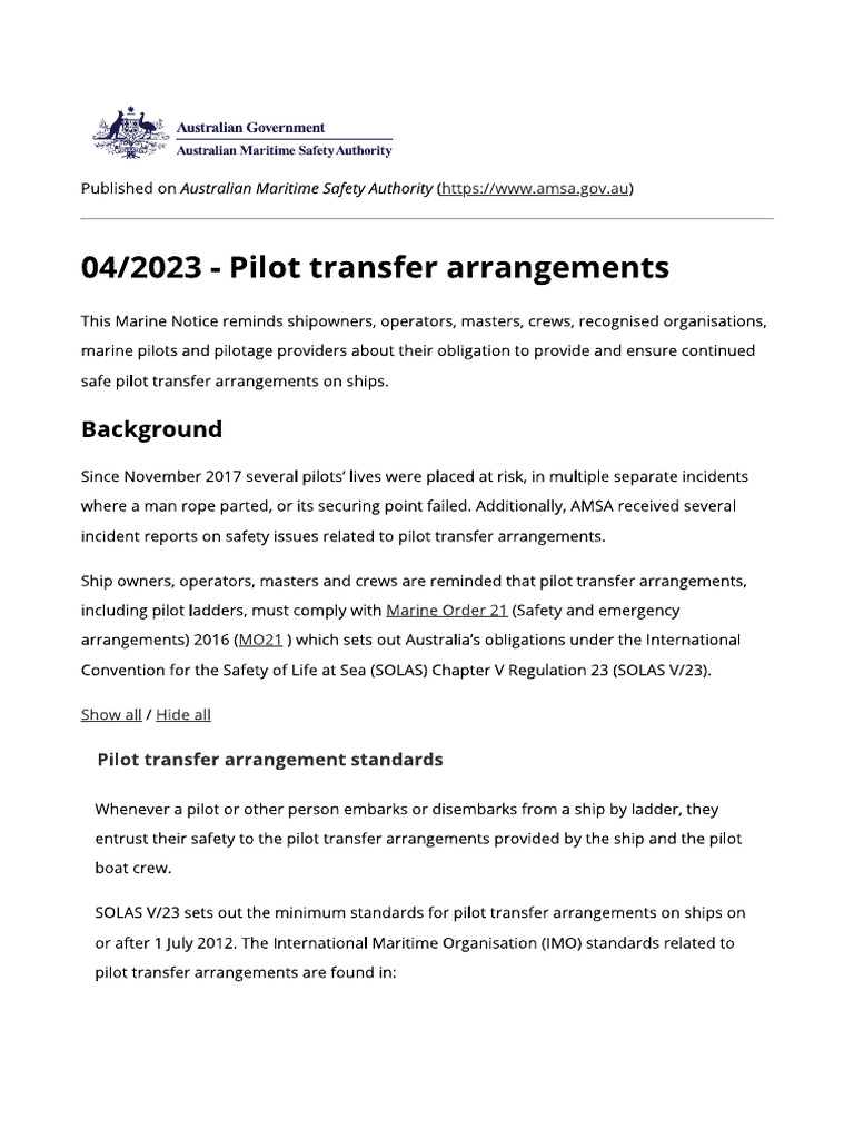 Marine Notice 04 2023 Pilot Transfer Arrangements | PDF