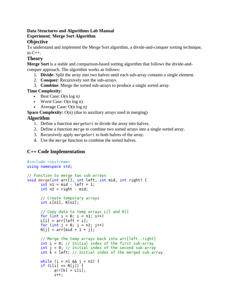 DSA Lab Manual (Merge Sort) | PDF | Computer Science | Computer Programming