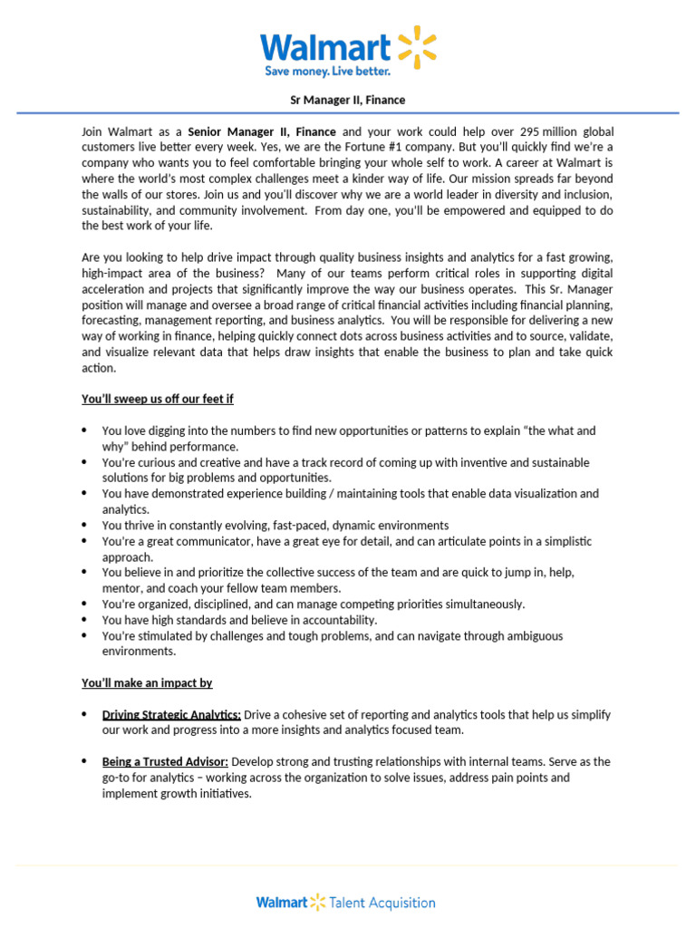 Senior Finance Manager Role at Walmart | PDF | Analytics | Social ...
