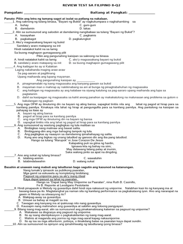 Review Test Sa Filipino 8 | PDF