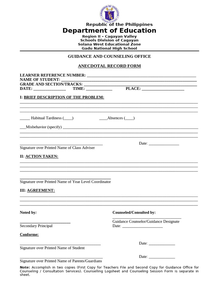 GC Anecdotal Record Form | PDF | Counseling