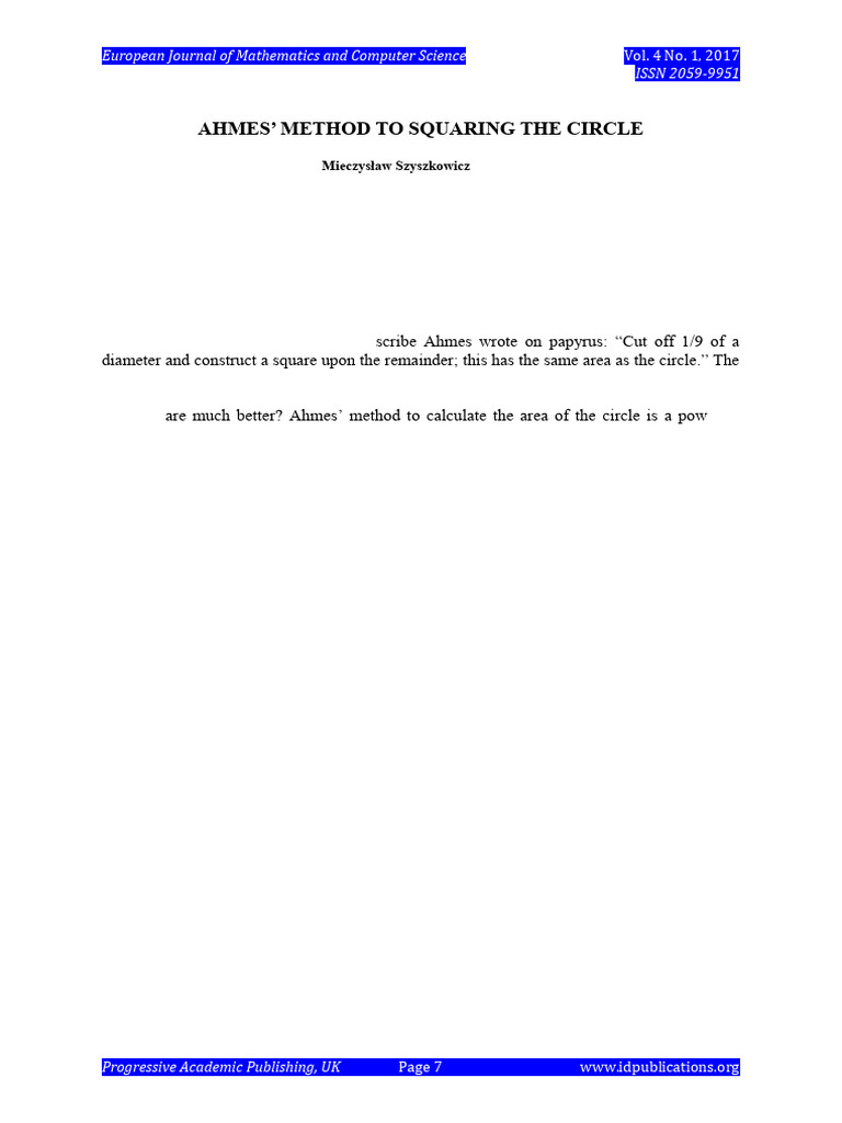 05 Full-Paper-AHMES'-METHOD-TO-SQUARING-THE-CIRCLE | PDF | Circle | Area