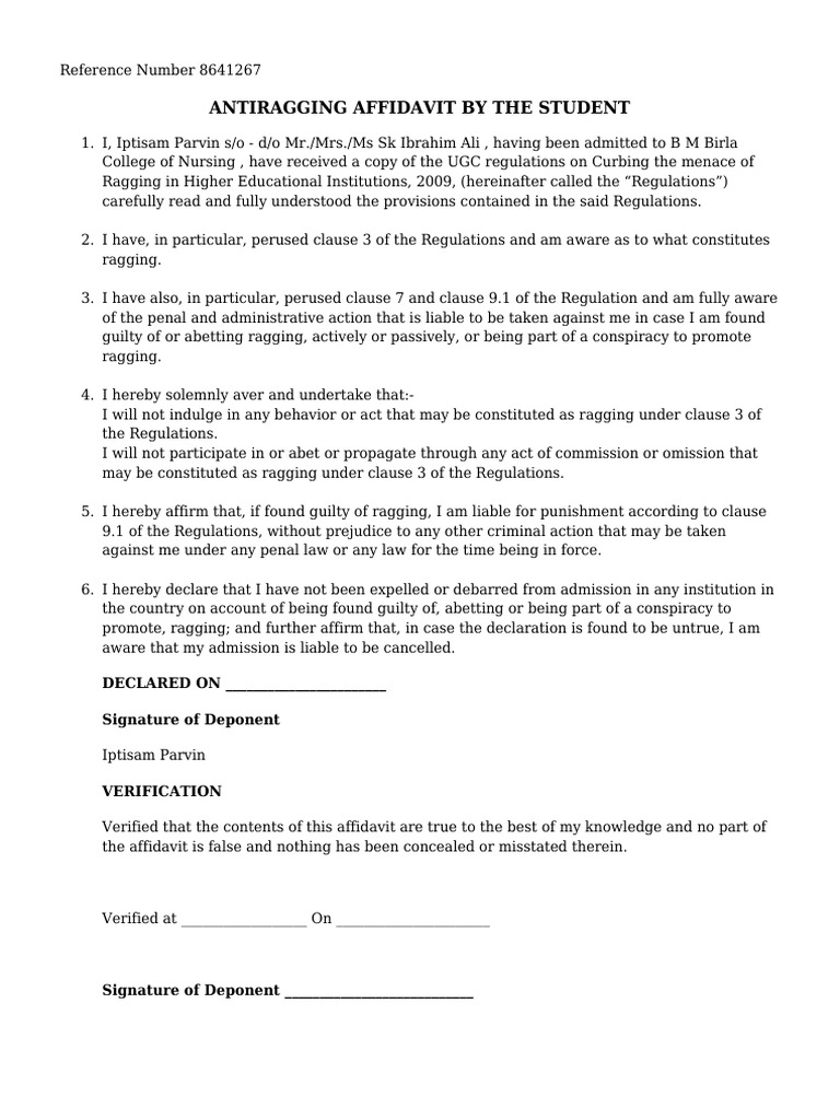 Antiragging Affidavit Form | PDF | Affidavit | Justice