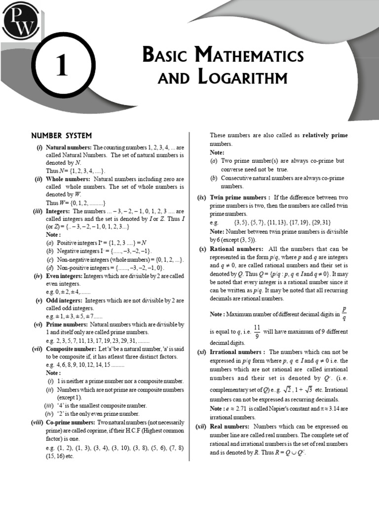 Chapter 01 - Basic Mathematics and Logarithm (Module) - (Prayas 2.0 2023 PW Star) | PDF ...