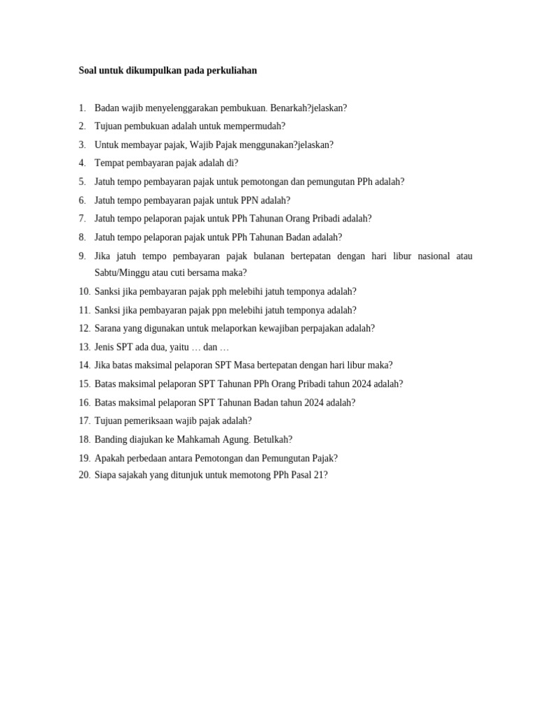 DAVID DARMAWAN - 2 AKT A - 2404431020 - 20 Soal Latihan Perpajakan Umum ...