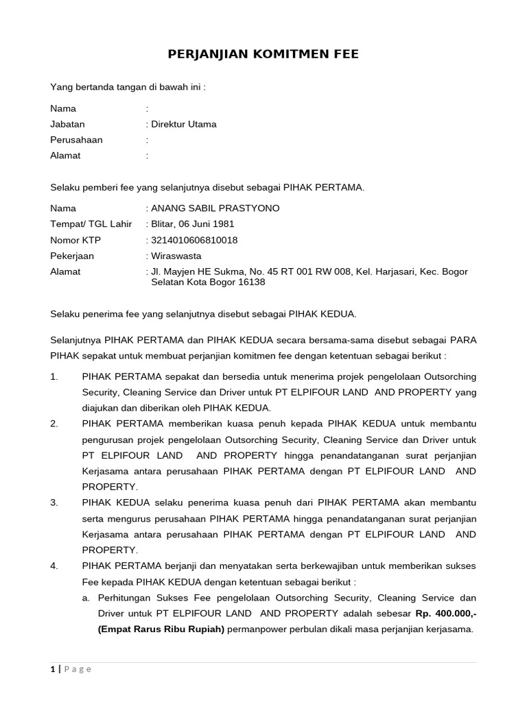 Perjanjian Komitmen Fee Elpifour Land and Property | PDF